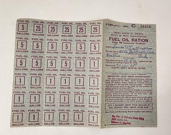 1940s WWII Fuel Oil Ration Stamp Sheet Handwritten Ration Form With ...