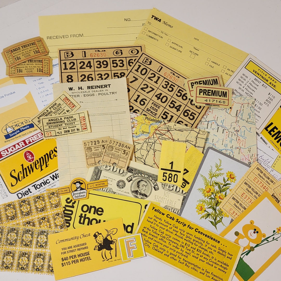 35 Pieces of Yellow Ephemera Color Lot Sample Pack Play Money Game ...