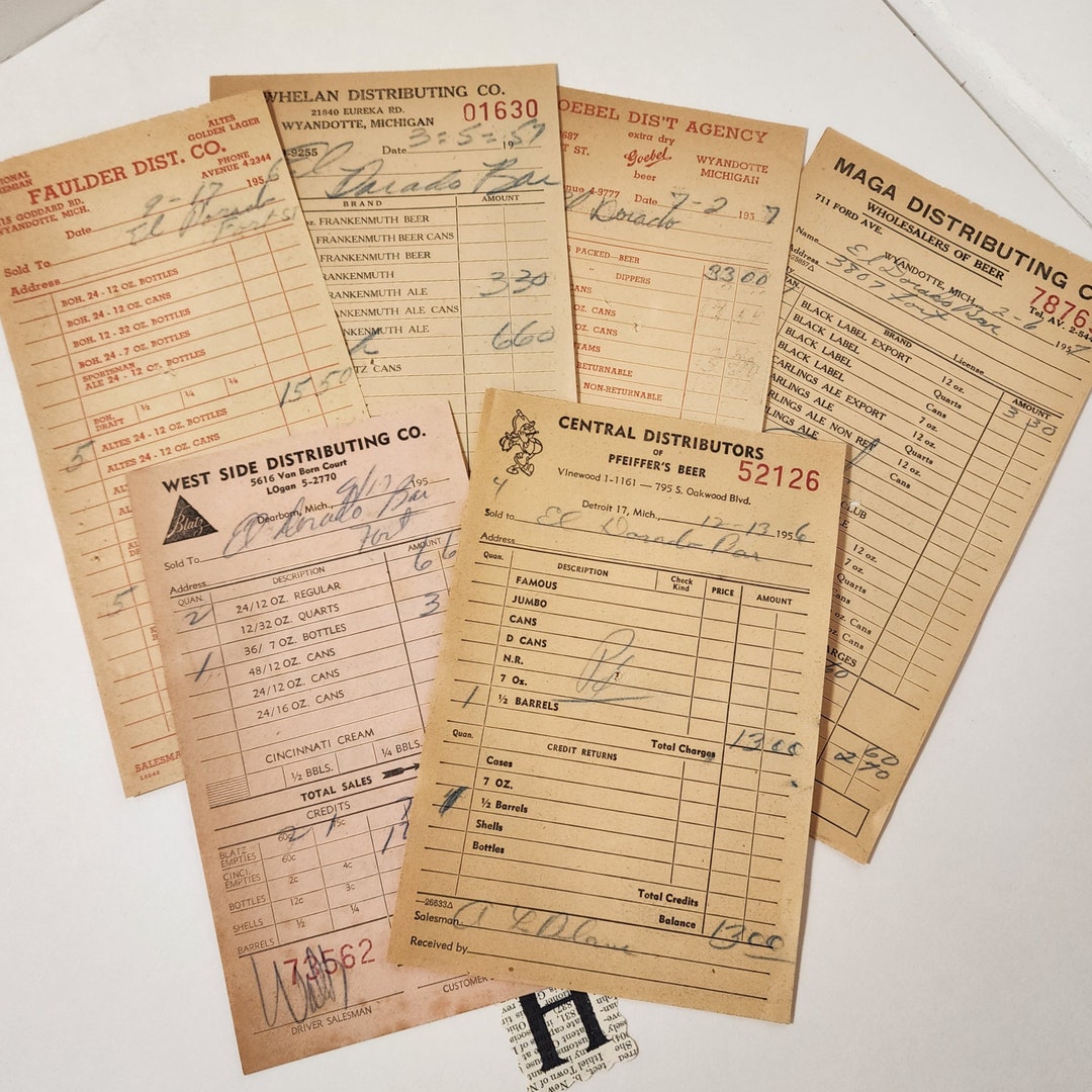 6 Different Handwritten Order Pages 1950s Receipts Beer Bottling ...