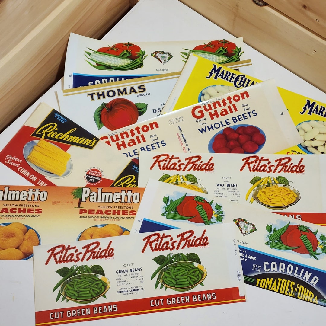9 Vintage Can Labels Sample Pack Fruit Vegetables Tomato Beans Peaches ...