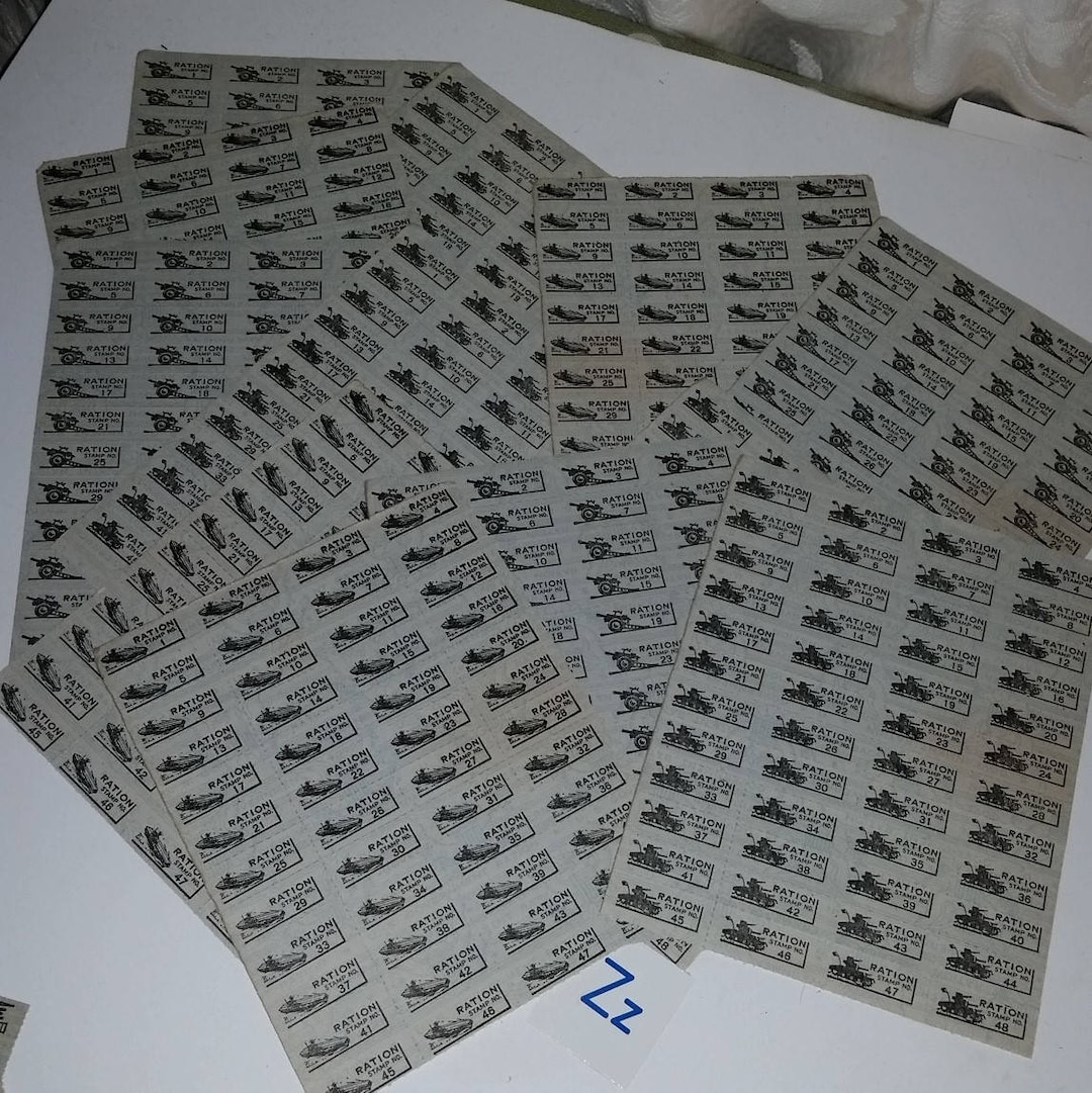 WWII Ration Stamps 3 Full Sheets of 48 Blue Image Page of Tanks Gatlin ...