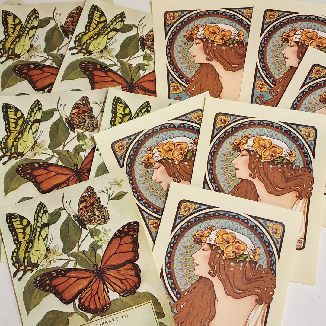 6 Antioch Book Plates Unused Butterfly or Art Nouveau Woman Book Name ...