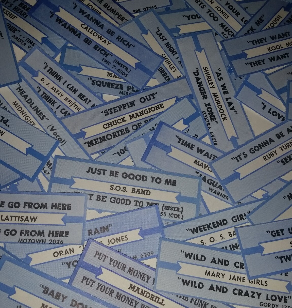 12 blue jukebox song title strips 1980's music labels | Etsy