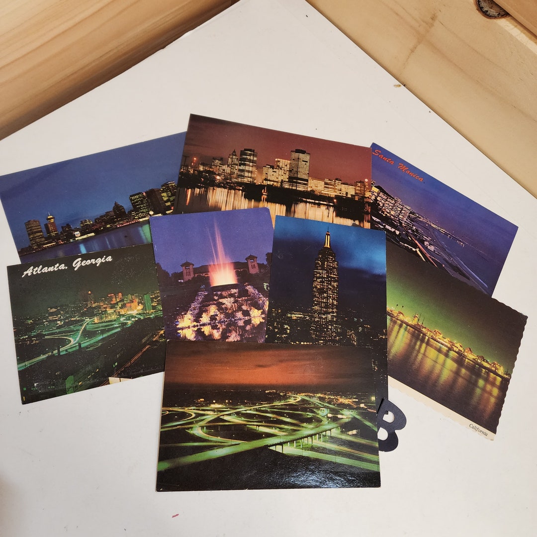 8 Souvenir Postcards Night Scenes Dusk City Lights Night Lights 1970's ...