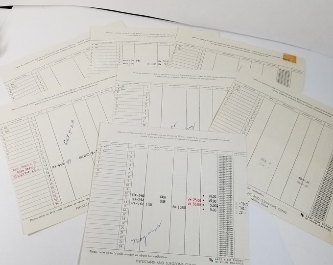 1960's Paper Ephemera 7 Clinic Bills Ledger Format Typed Numbers ...