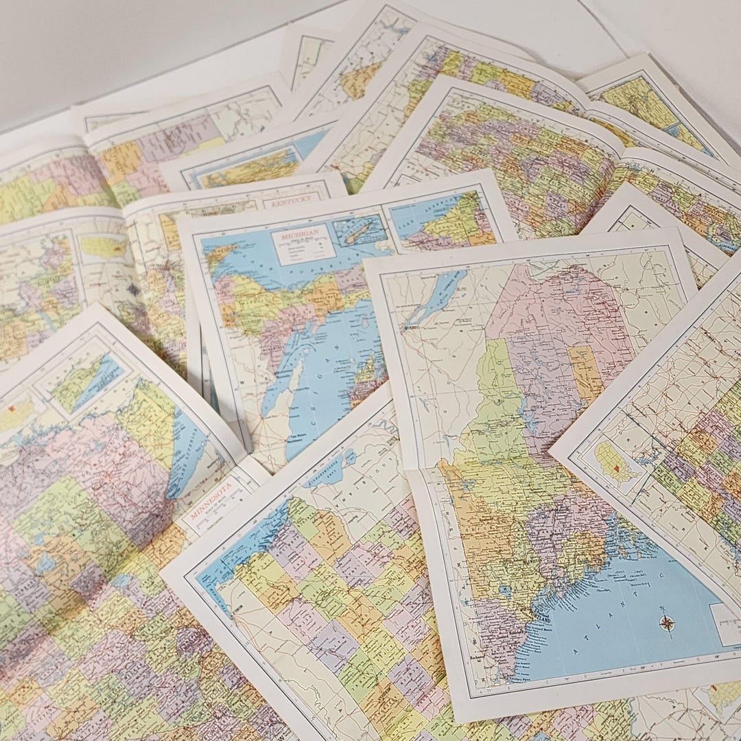 8 Map Book Pages Full Color 1960's Maps 4 Double Pages US States Other ...