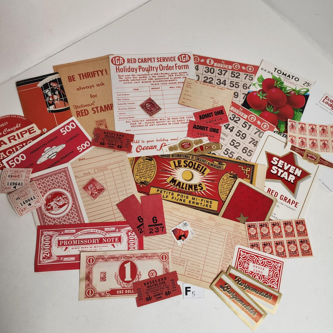 35 Pieces of Red Ephemera Color Lot Sample Pack Cards Tickets Papers ...