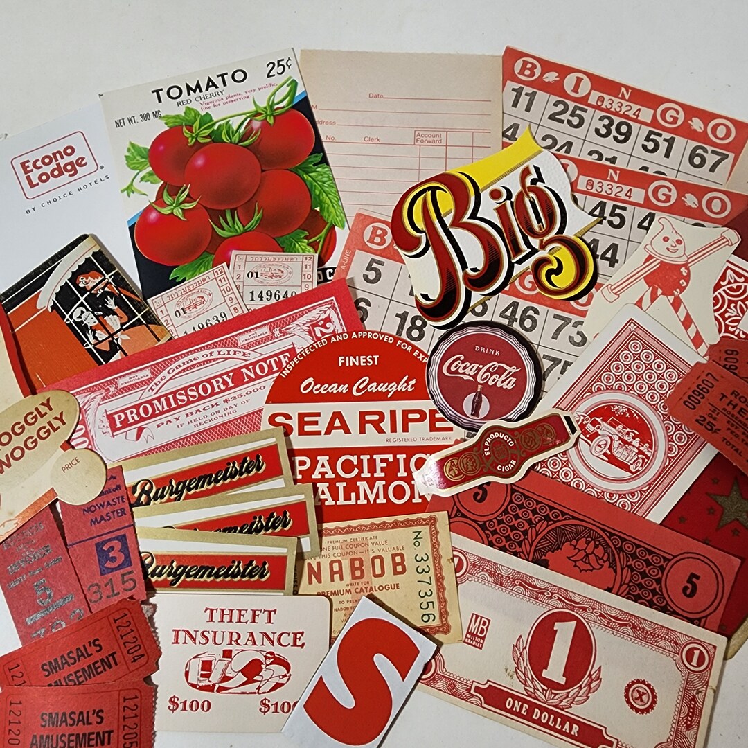 35 Pieces of Red Ephemera Color Lot Sample Pack Cards Tickets Papers ...