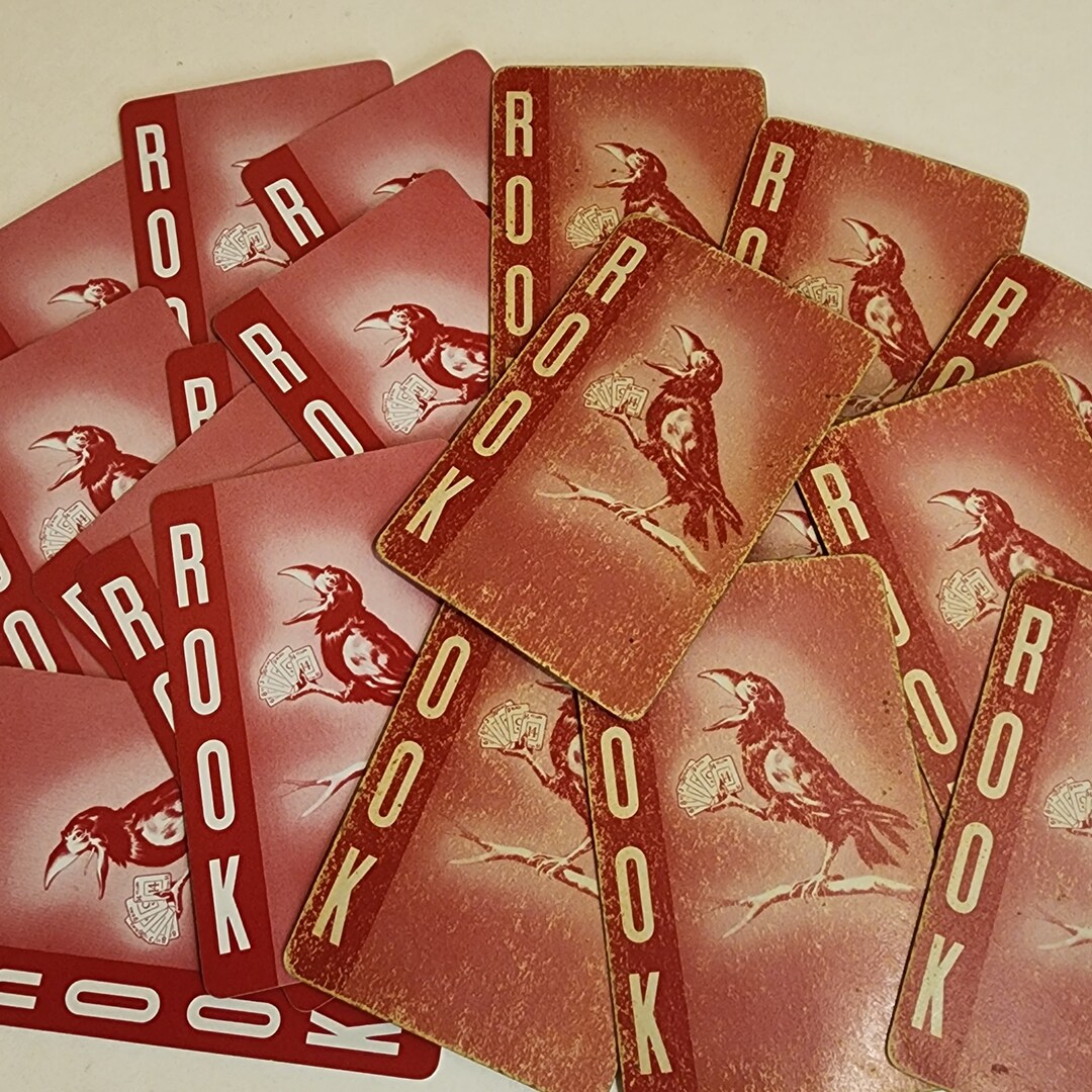 6 Old Worn Red ROOK Game Cards Red Crow Name on Side Vintage Paper Art ...