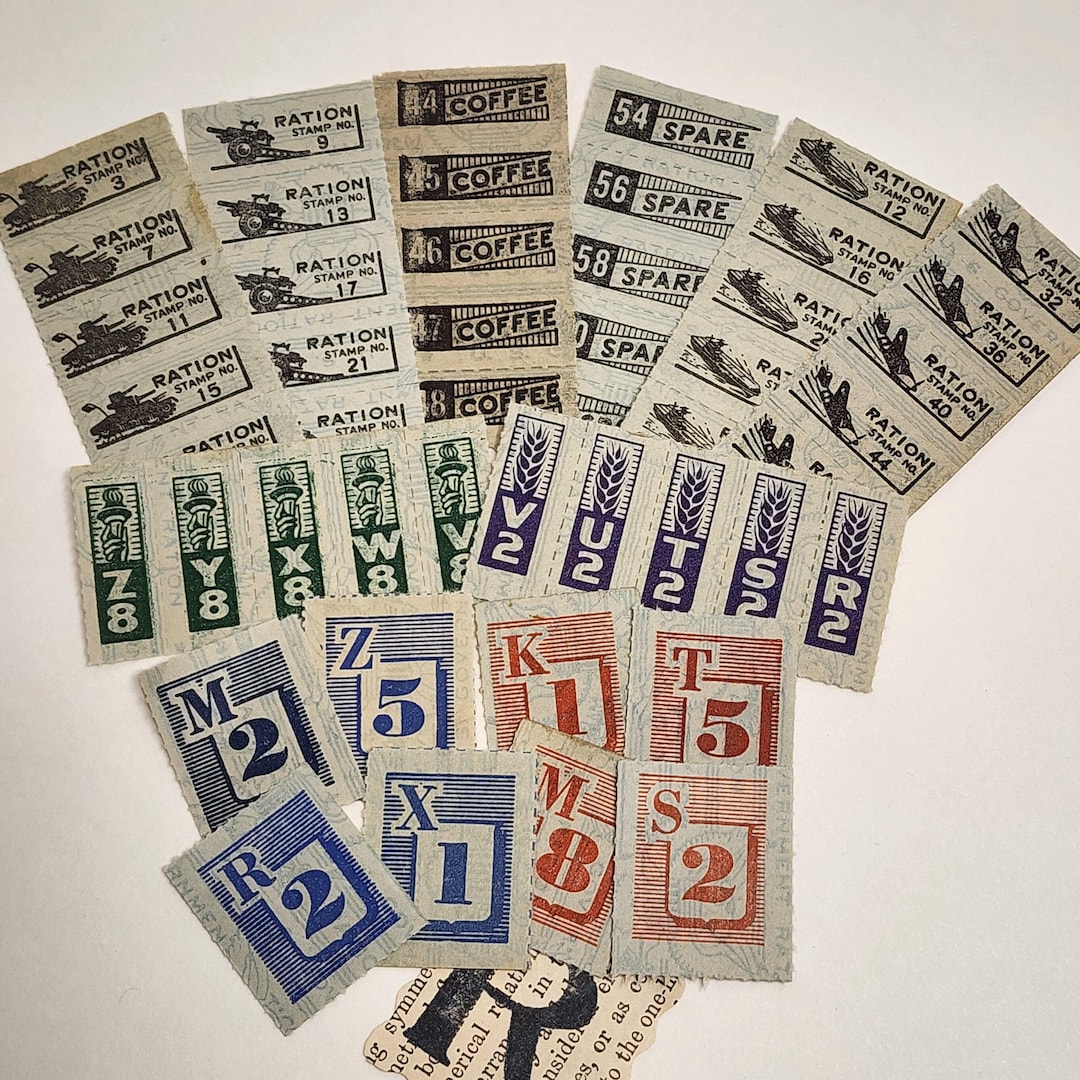 48 WWII Era Ration Stamps Sample Pack 10 Different Coupons Strips Blue ...