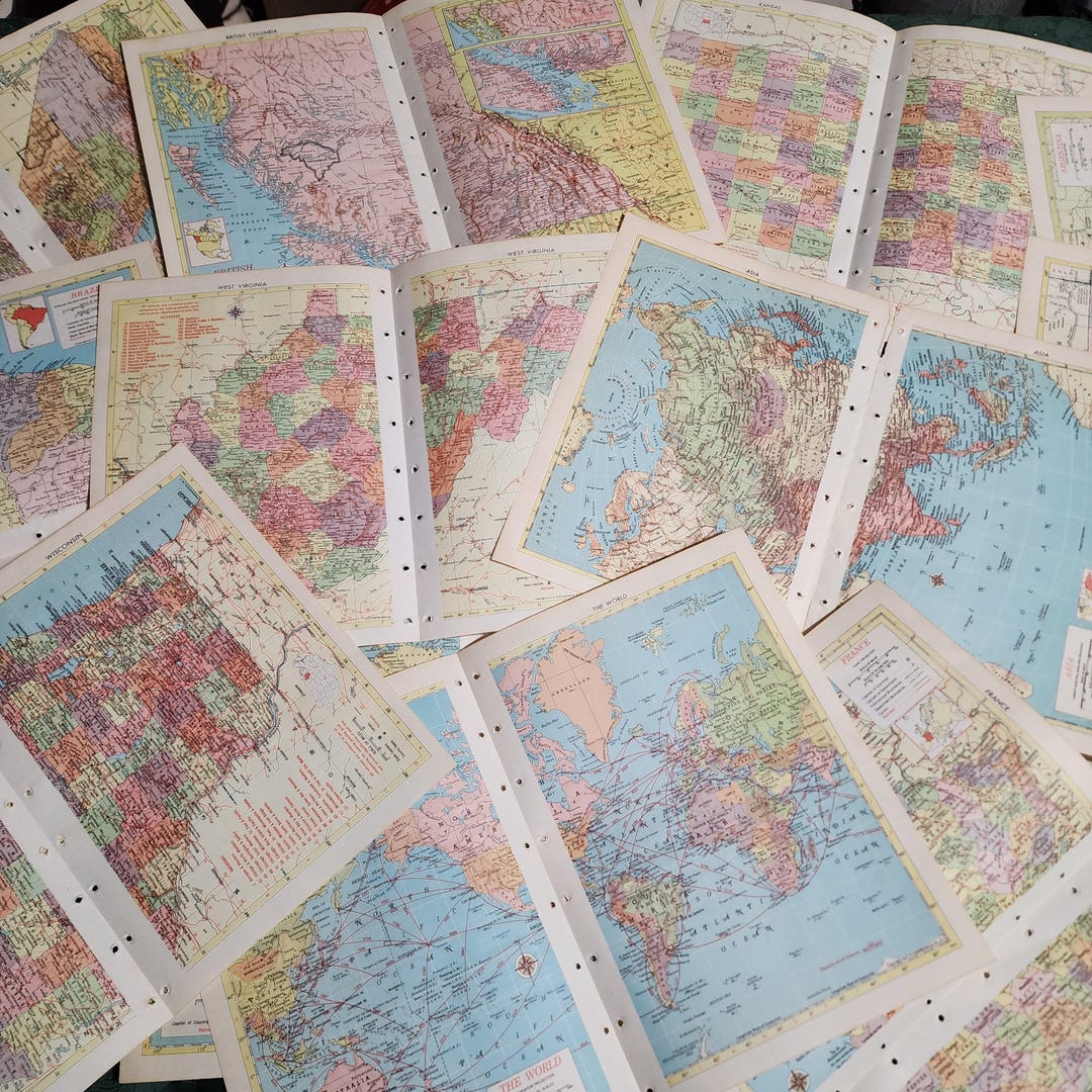8 Map Book Pages Full Color 1950's Maps 4 Double Pages US States Other ...