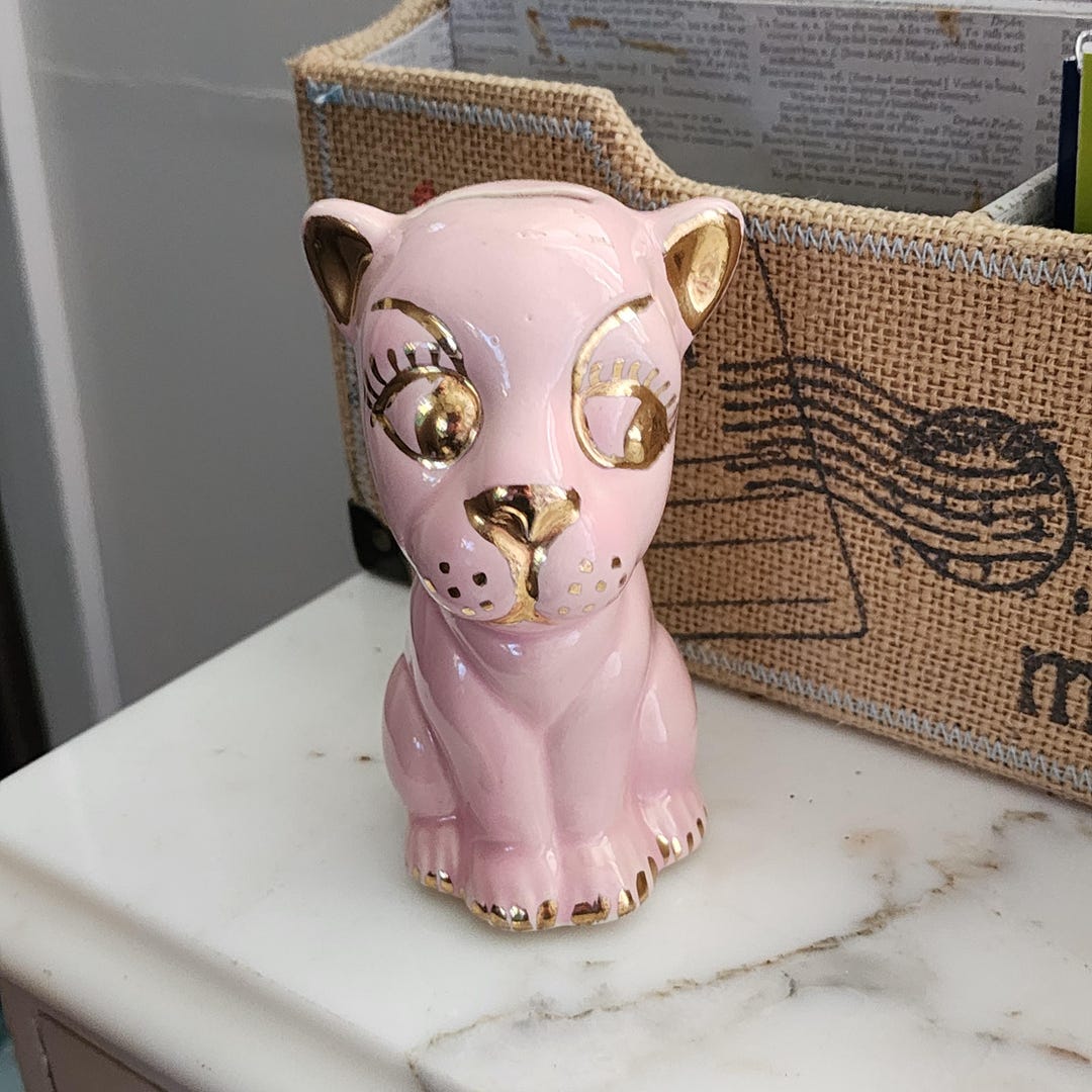 Adorable Vintage Pink Animal Bank Figurine Gold Features Puppy or ...