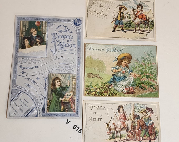 4 Victorian Cards Antique Reward of Merit Cards With Flowers Scenes ...