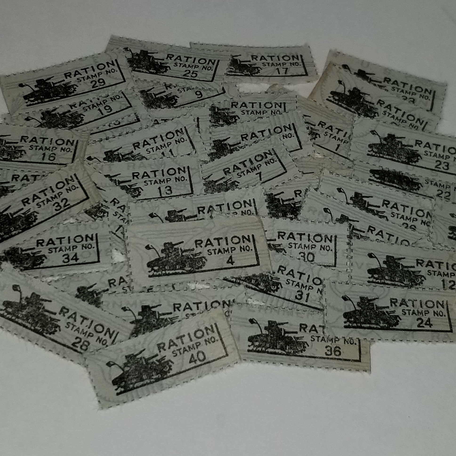 40 WWII Era Ration Stamps Coupons Airplane Tank Gun Carrier Design Blue ...