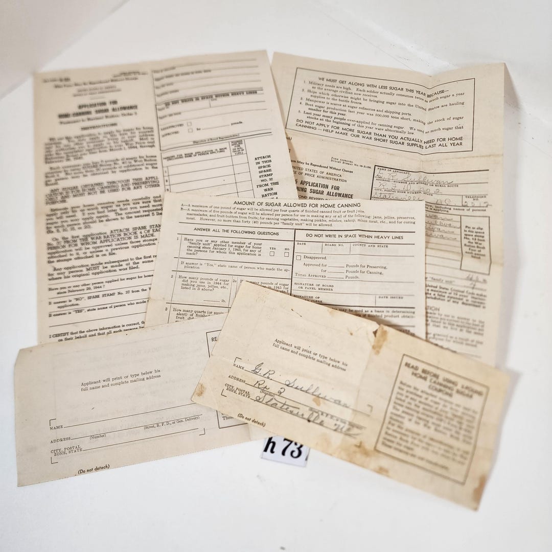 6 1940s Ration Papers WWII Sugar Ration Application Home Canning Form ...