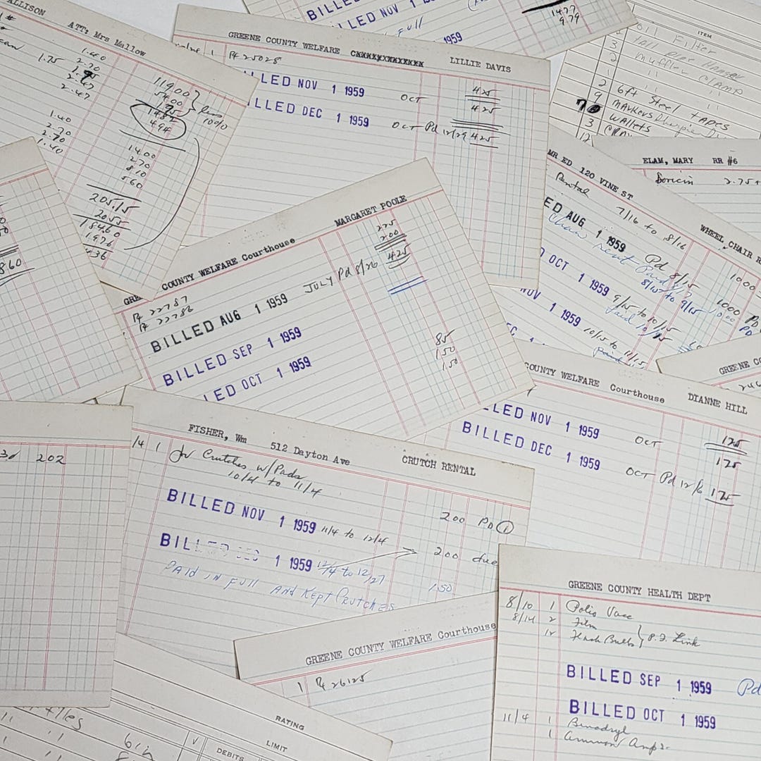 6) 1950s Billing Record Cards Handwritten Ledger Cards Date Stamped ...