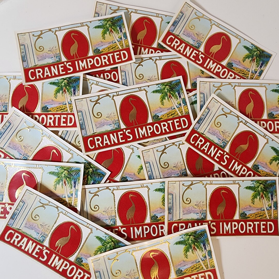 6 Crane Imported Cigar Box Labels Gold Crane on Red Embossed Letters ...