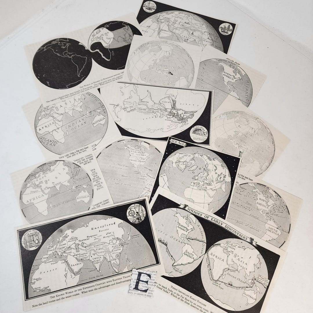 12) 1930's Map Clippings Black and White Globes World Maps Geography ...