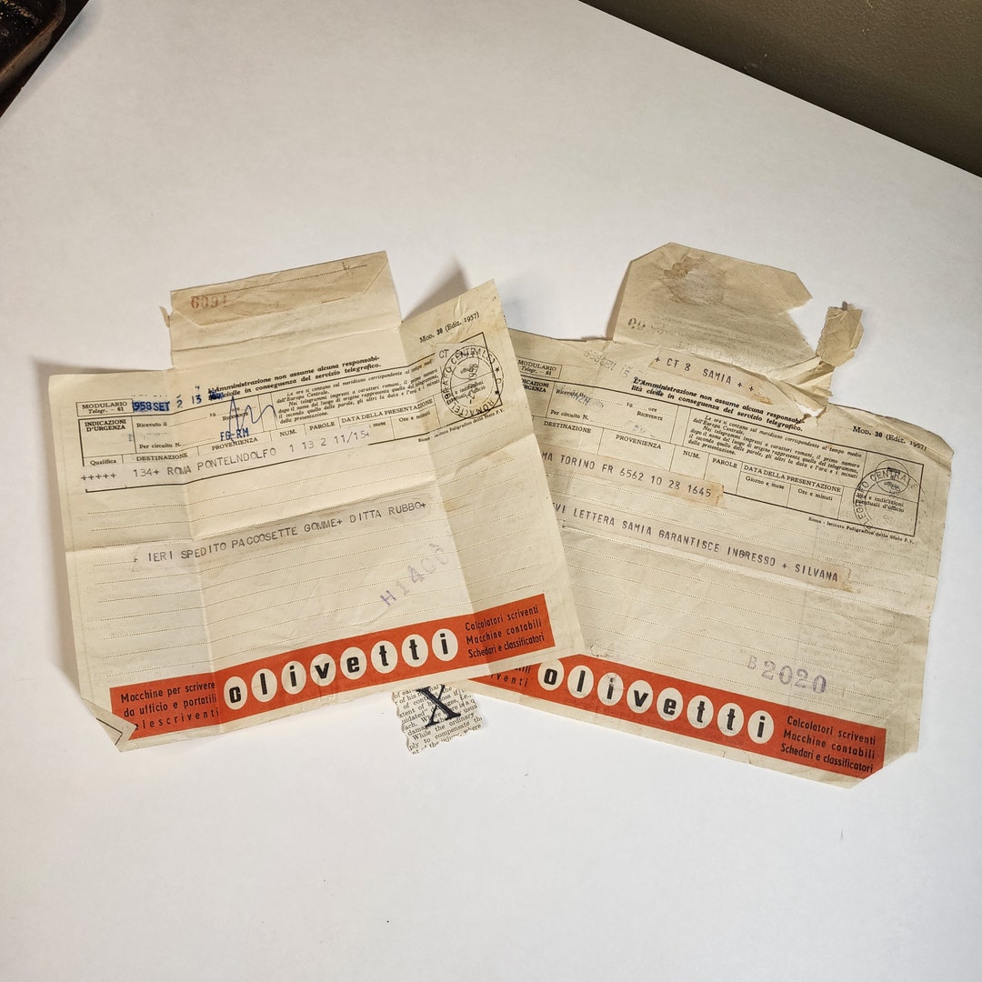 2 Italian Telegrams 1950's Typed Letter Teletype Message Vintage Paper ...