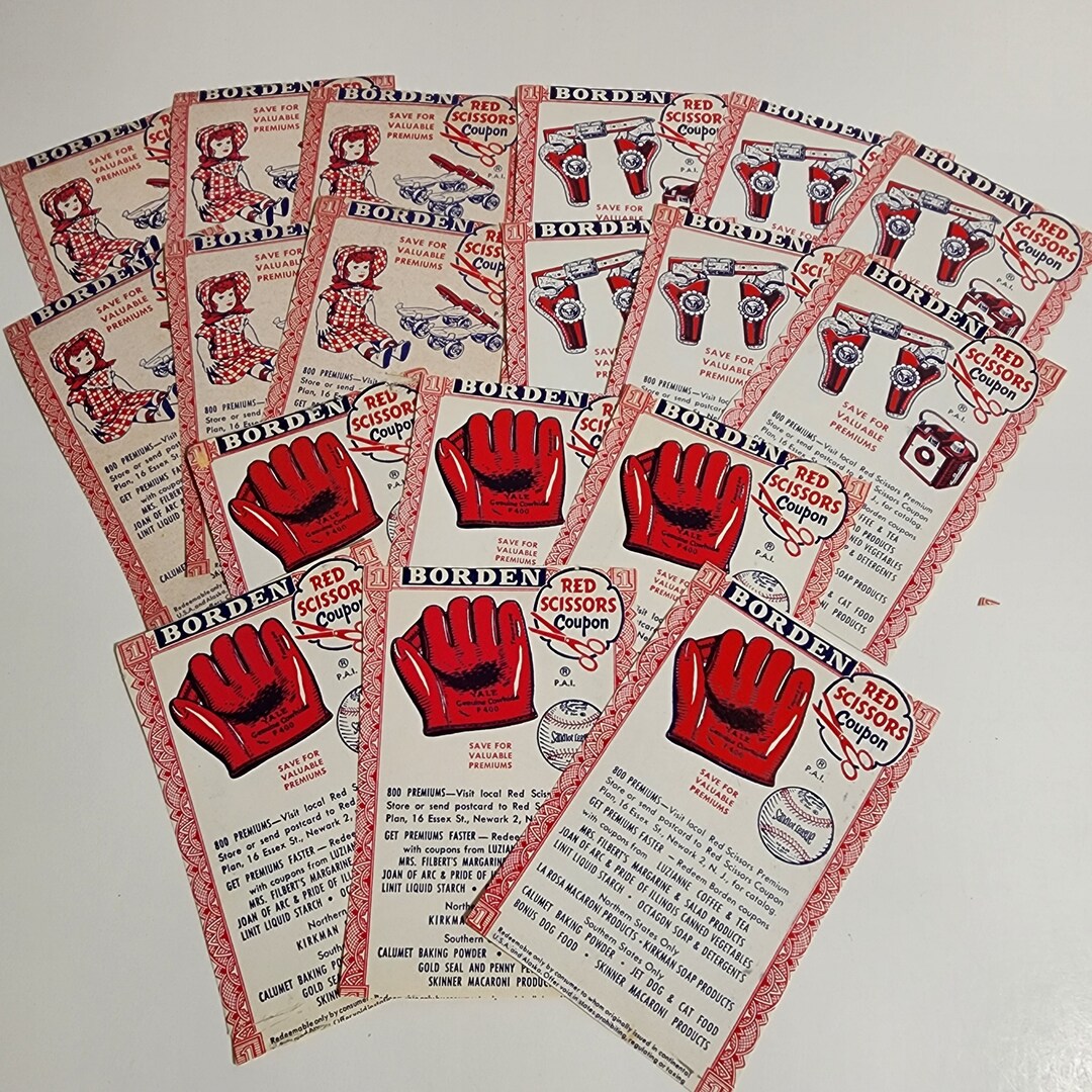 Choice! 6 Borden Red Scissors Coupons 1950's Toy Coupons Doll Skates ...