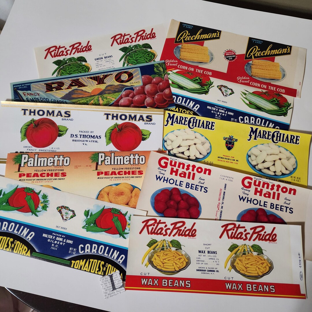 10 Vintage Can Labels Sample Pack Fruit Vegetables Tomato Beans Peaches ...