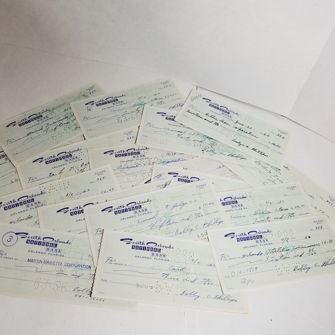 1960's Bank Checks 6 Blue Orlando National Handwritten Cancelled Checks ...