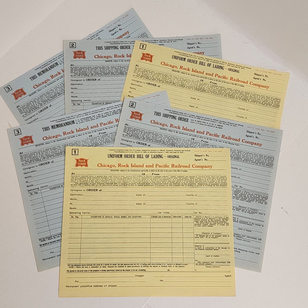 6 Railroad Forms 1960's Bill of Lading Shipping Order Set Yellow Blue ...