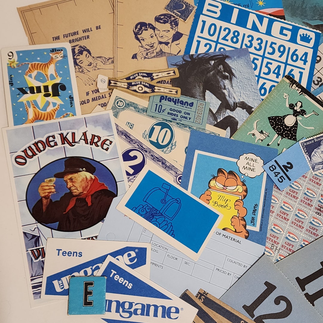 35 Pieces of Blue Ephemera Color Lot Sample Pack Play Money Game Cards ...