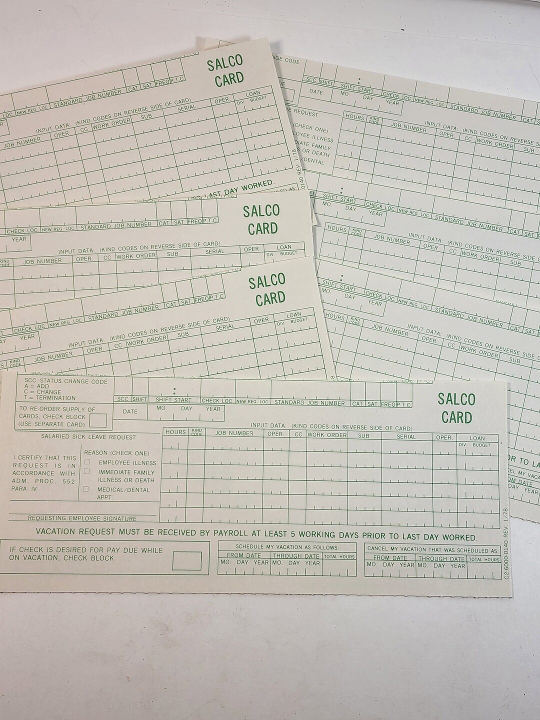 7 Time Cards 1970's Blank Work Time Cards White With Green Print ...