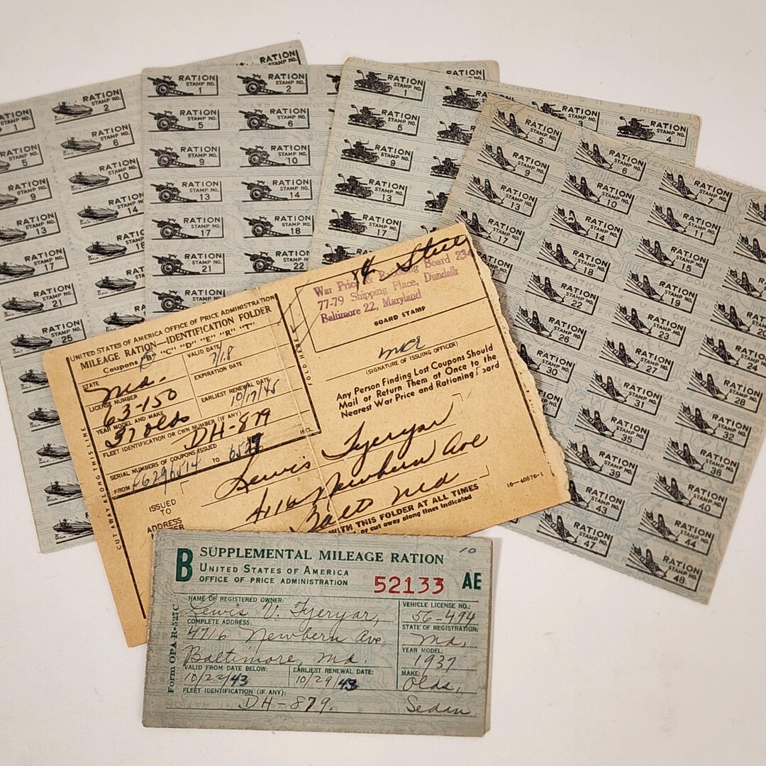 6 1940s Ration Papers WWII Mileage Ration Folders Handwritten Ration ...