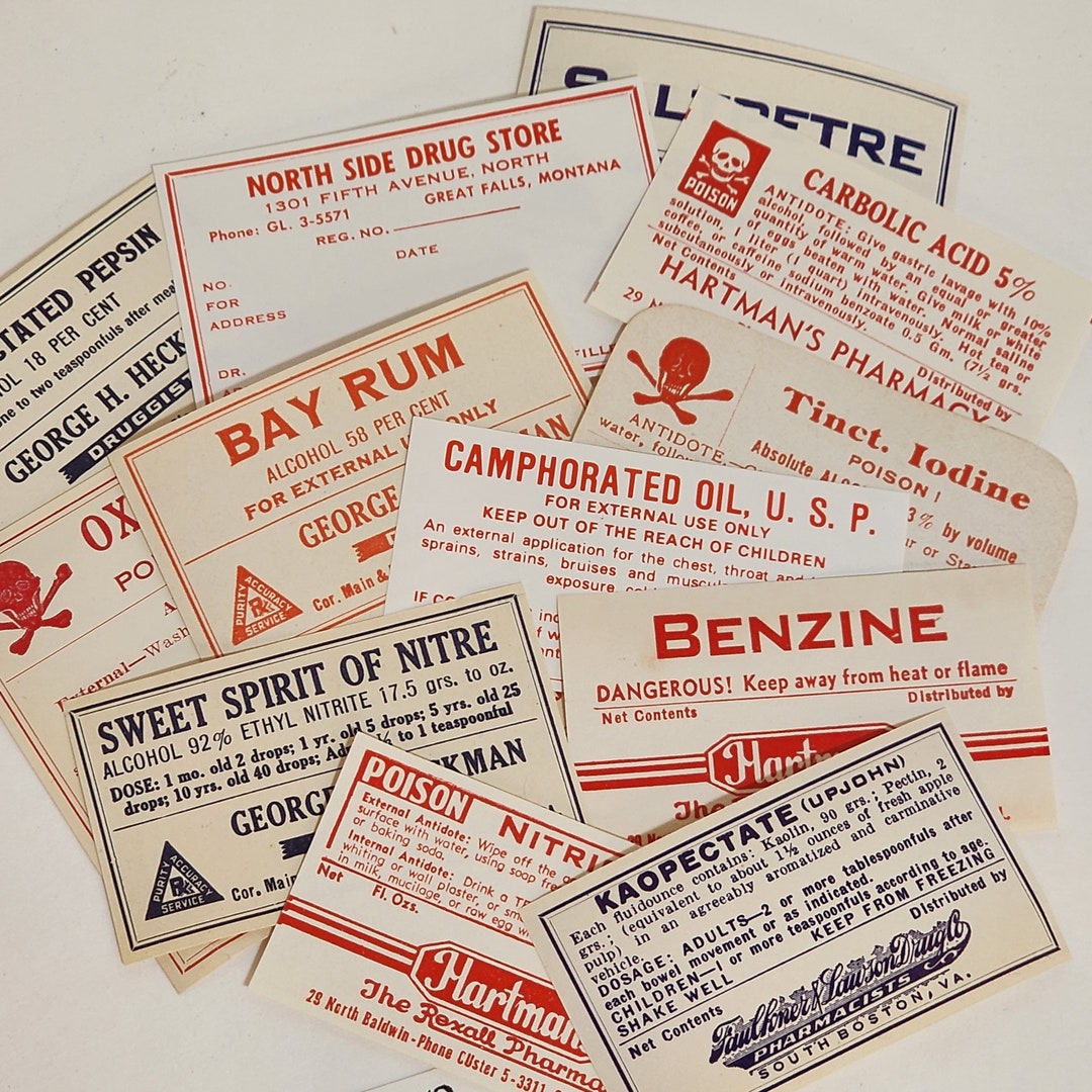 12 Pharmacy Drug Store Medicine Bottle Labels 12 Different W/ 8 Red ...