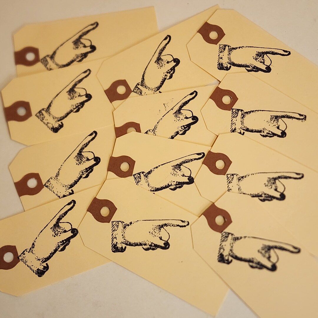 12 Small Manila Hang Tags With Stamped Hand Pointing Finger Sepia Tone ...