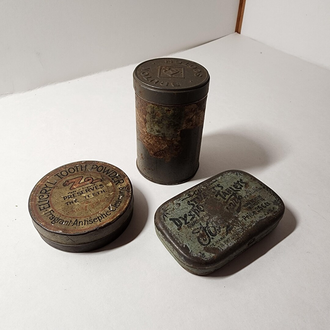 3 Antique Tins Scotch Snuff Dyspepsia Tablets Tooth Powder Old Worn ...