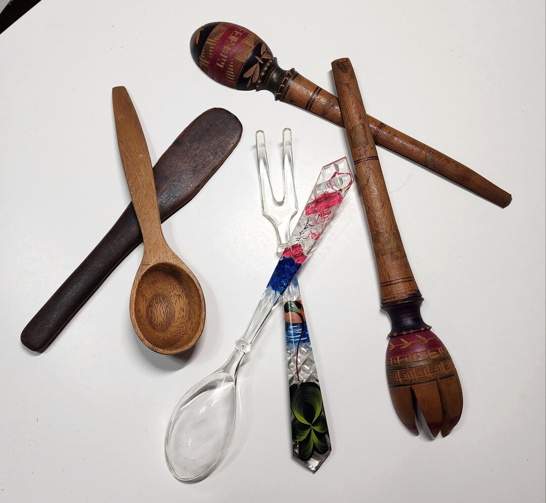 6 Vintage Kitchen Utensils 2 Decorative Salad Serving Sets With Large ...