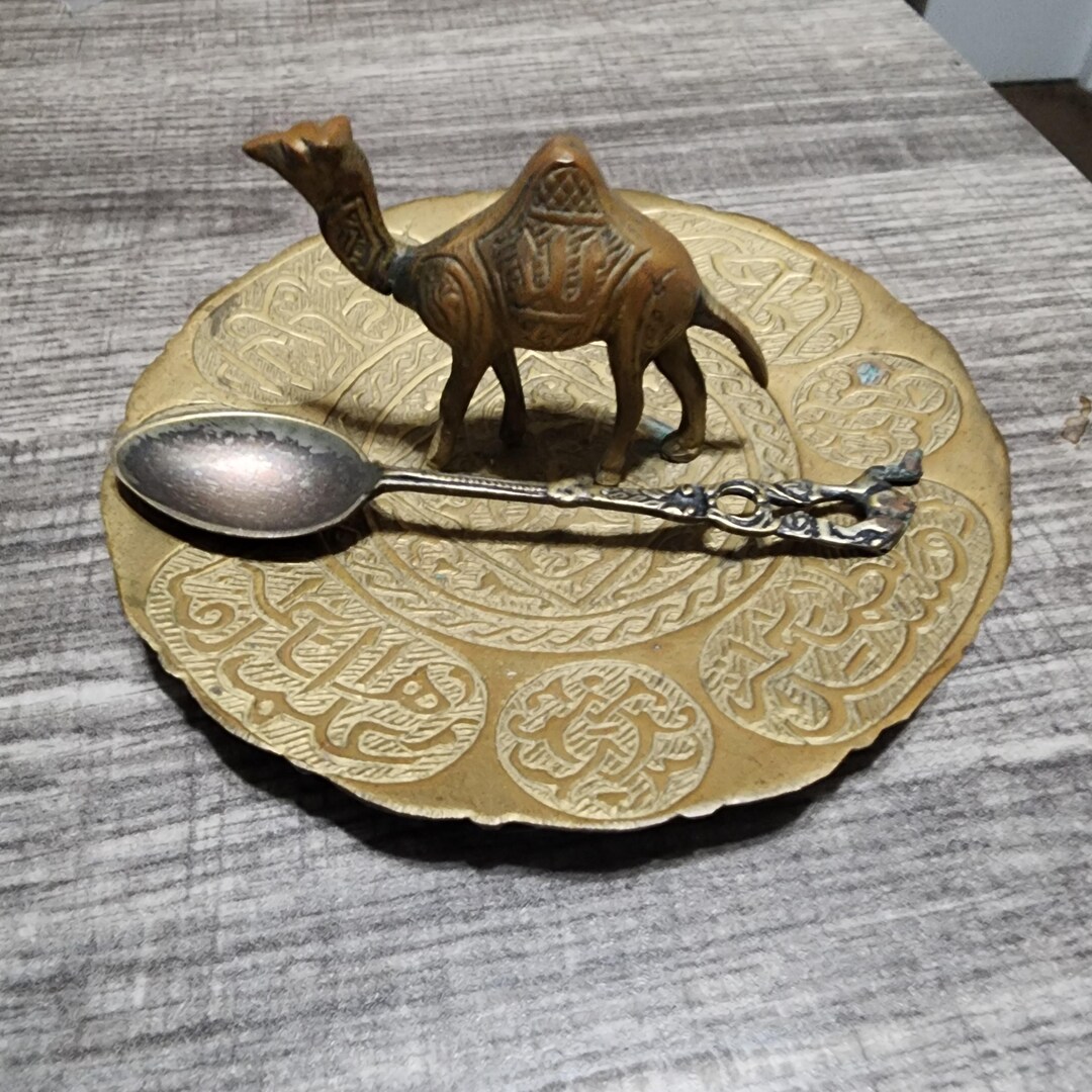 Vintage Brass Camel Tray Figural Spoon Ornate Arabic Design Coin Dish ...