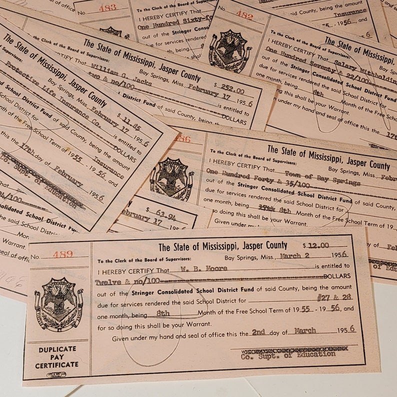 10 Pink Paycheck Receipts 1950s Paper Carbon Copy Certificate Jasper ...