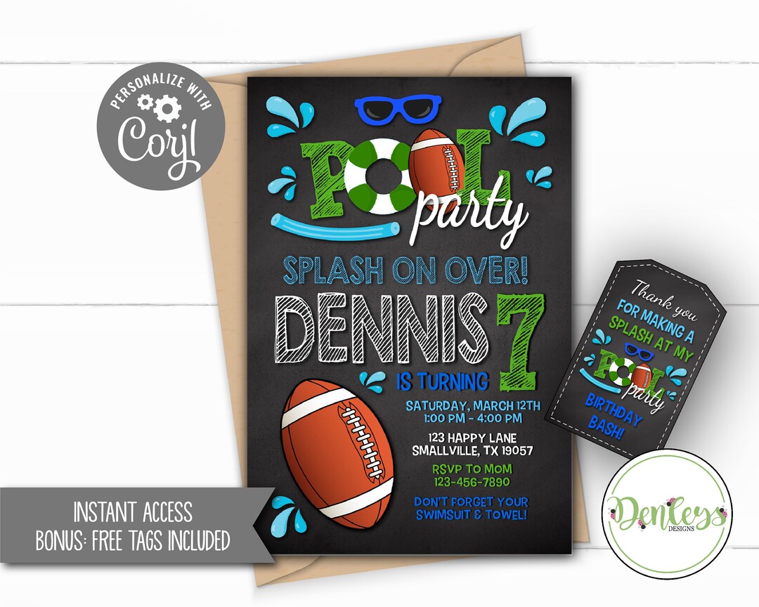 Football Pool Party Invitation, FREE Tags, Corjl, Football Swimming ...