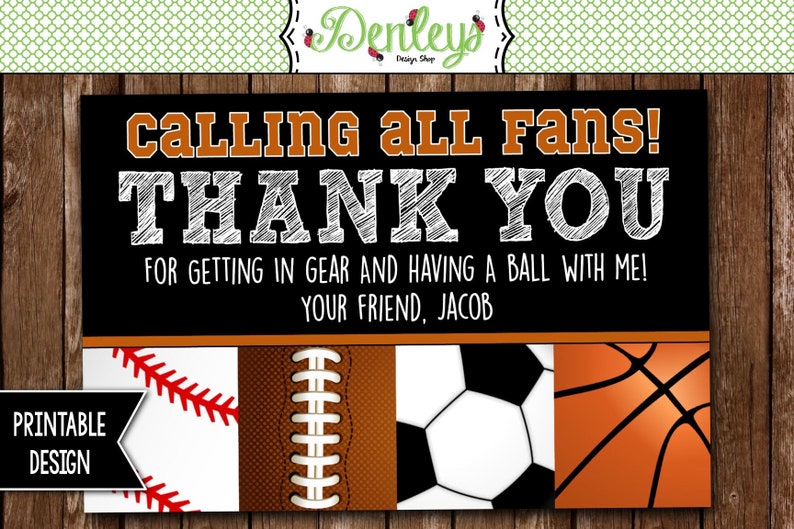 Sports Printable Thank You Card Sports Party Sports Theme | Etsy