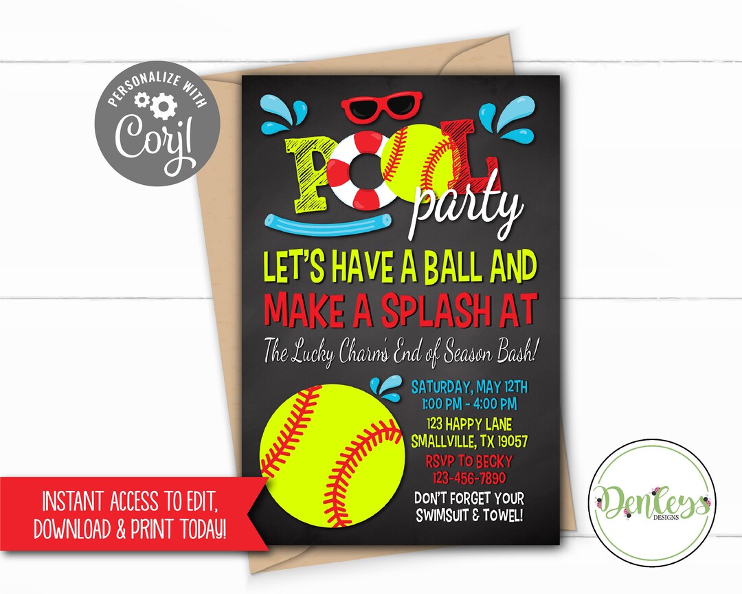 Softball Printable Invitation, Softball Pool Party, Corjl, End of ...