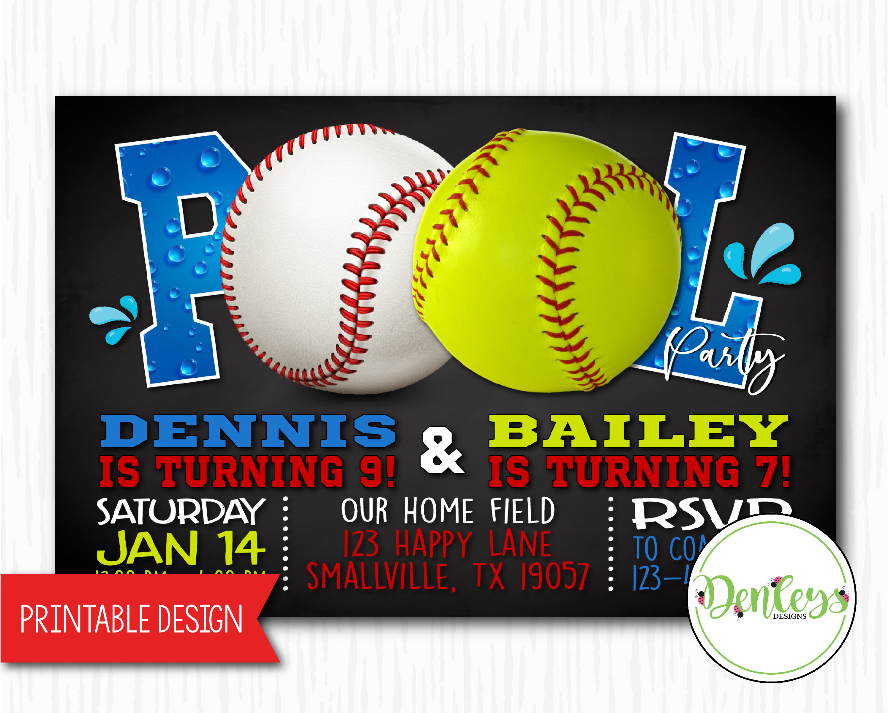 Joint Baseball and Softball Pool Party, Birthday Invitation, Softball ...