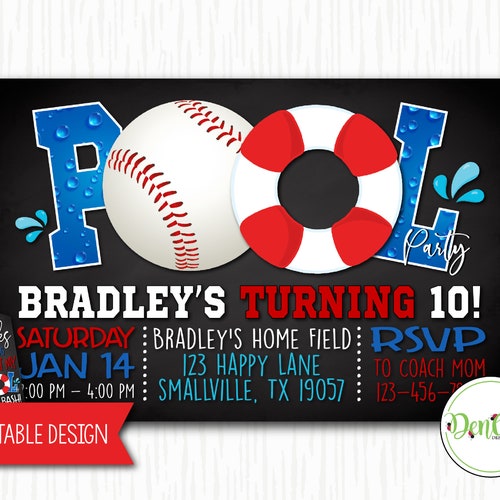 Summer Pool Baseball Party Invitation. Sports Pool Birthday - Etsy