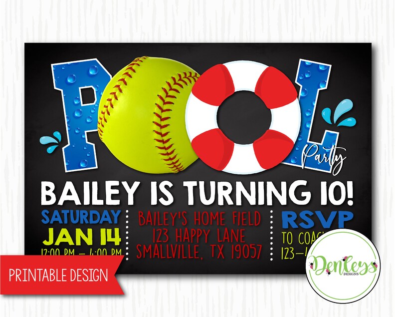 Softball Pool Party Birthday Invitation End of Season - Etsy
