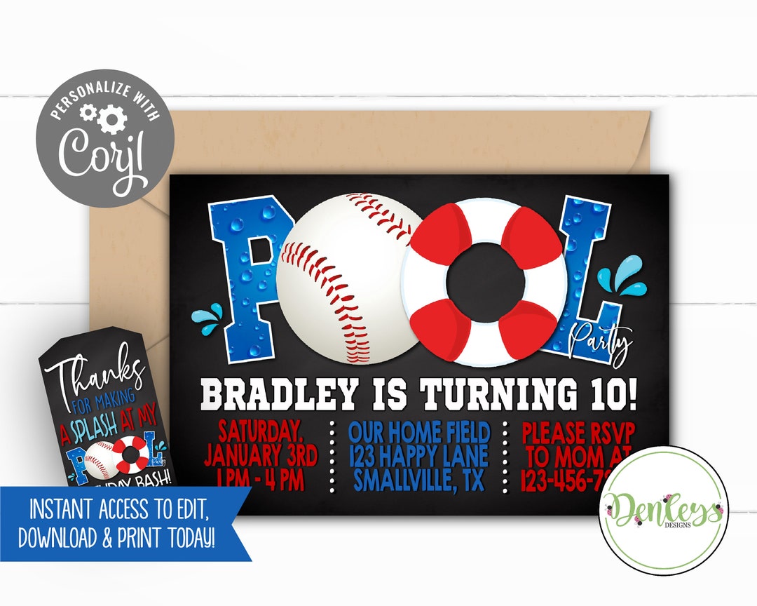 Baseball Pool Party Birthday Invitation FREE Tags Corjl Baseball ...