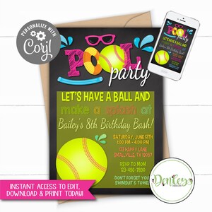 Softball Printable Invitation Softball Pool Party End of Season ...