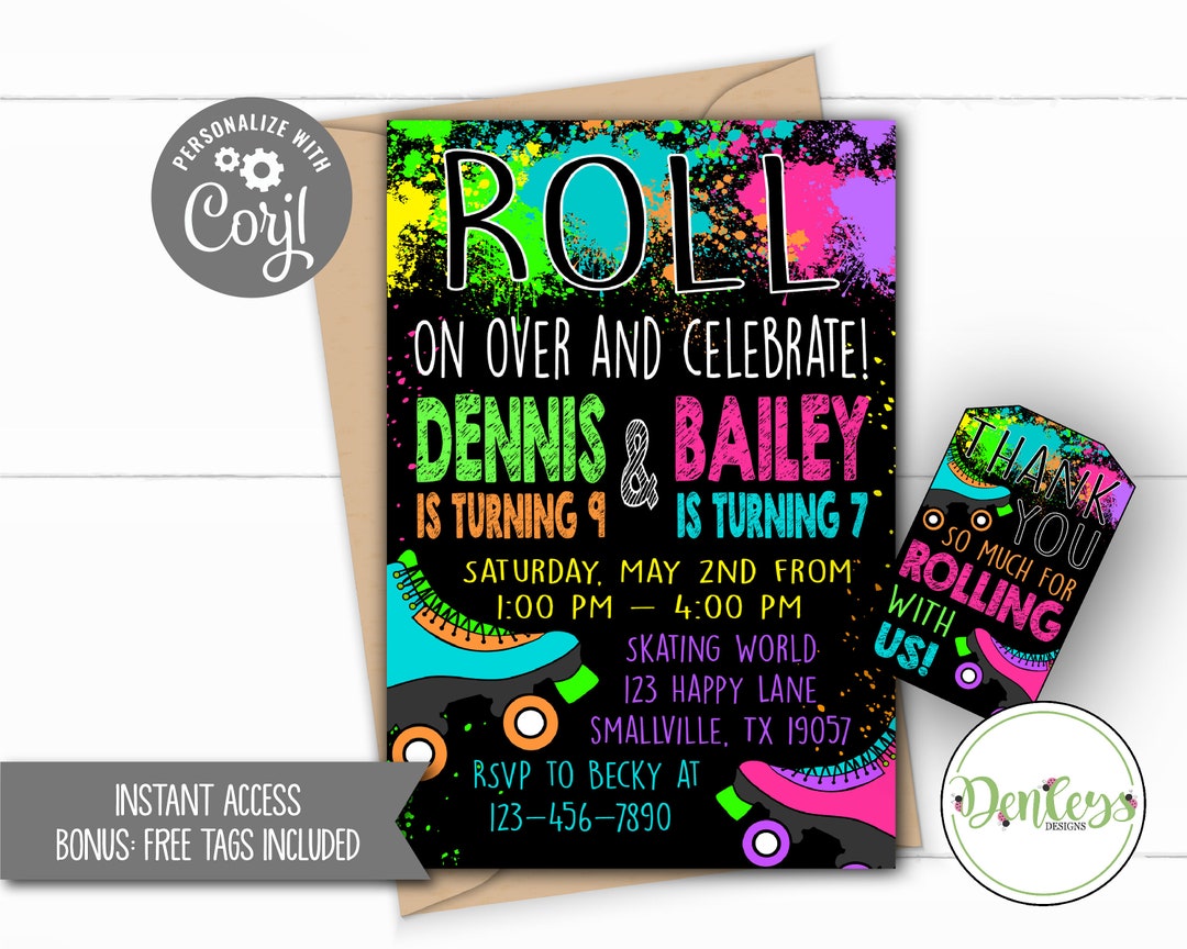 FREE Tags, Joint Roller Skating Invitation, Corjl, Boy Girl Skate ...