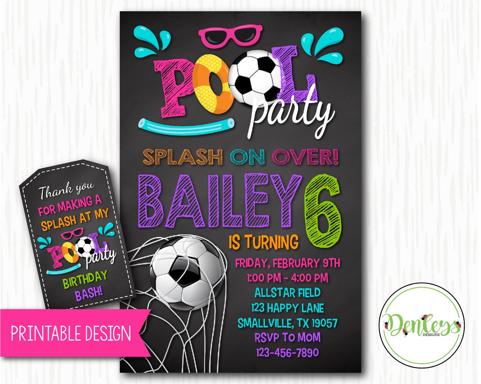 Soccer Pool Party Birthday Invitation Pink Soccer Pool Girl - Etsy