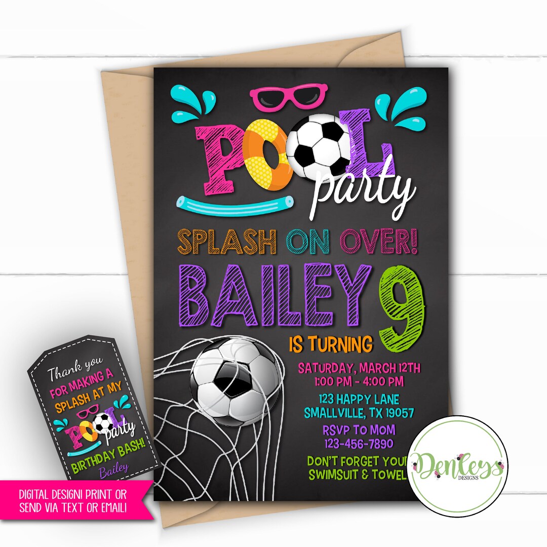 Soccer Pool Party Birthday Invitation FREE TAGS Pink Corjl Soccer Pool ...