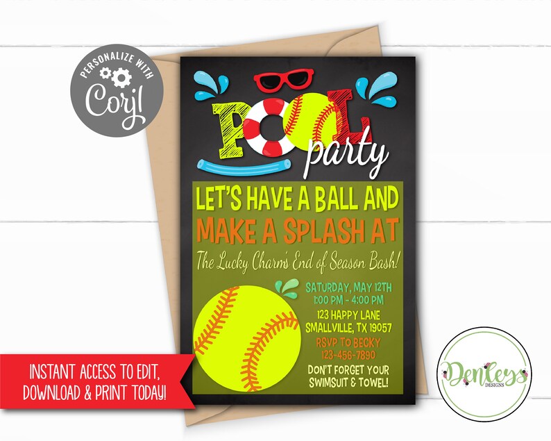 Softball Printable Invitation, Softball Pool Party, Corjl, End of ...