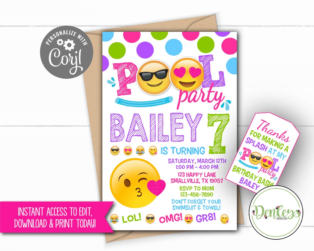 FREE Tags Included Emoji Pool Party Invitation Pool Party Invitation ...
