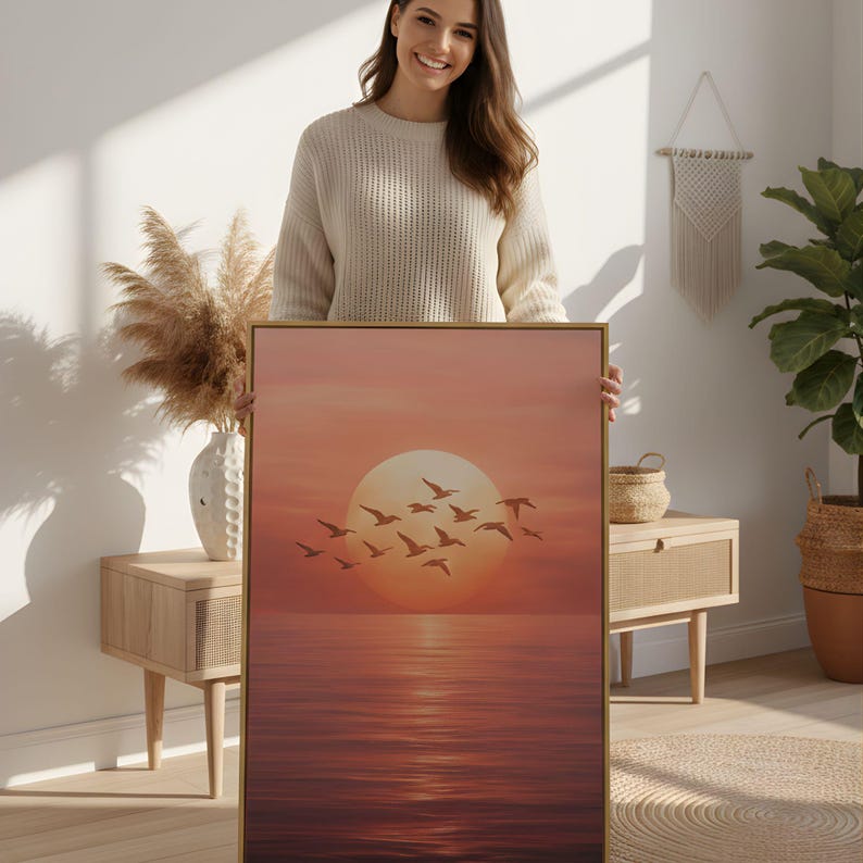 Beach Sunset Wall Art, Ocean Sunrise Canvas, Coastal Birds Artwork ...